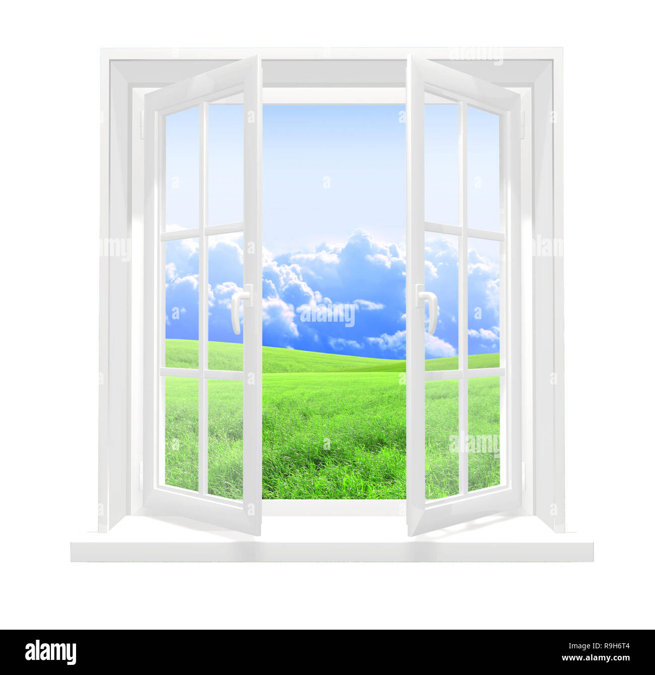 Window and beautiful summer landscape. Isolated on white background ...