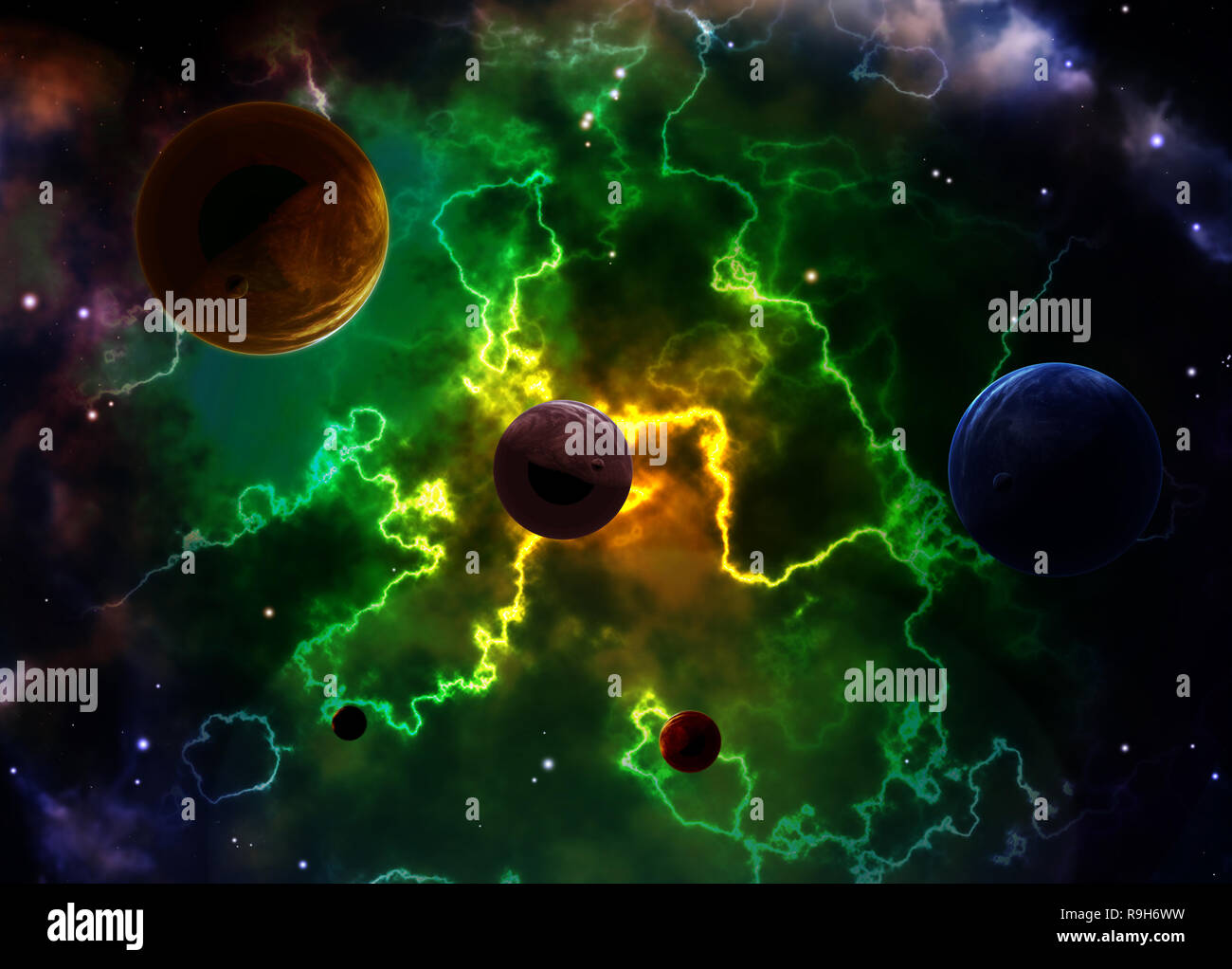 A beautiful space scene with planets and nebula Stock Photo - Alamy