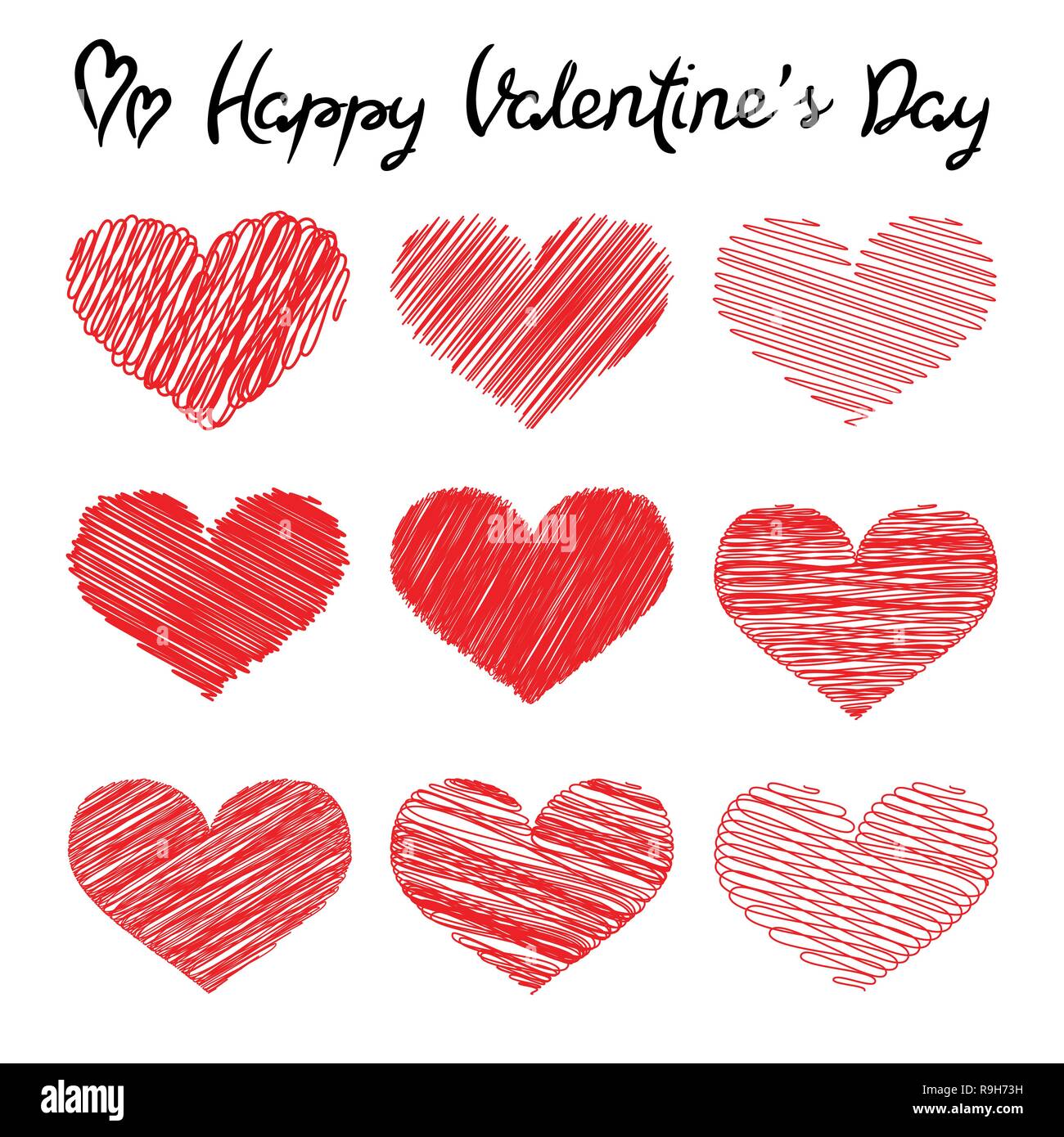 Happy Valentine's Day lettering and doodle hearts on white background ...