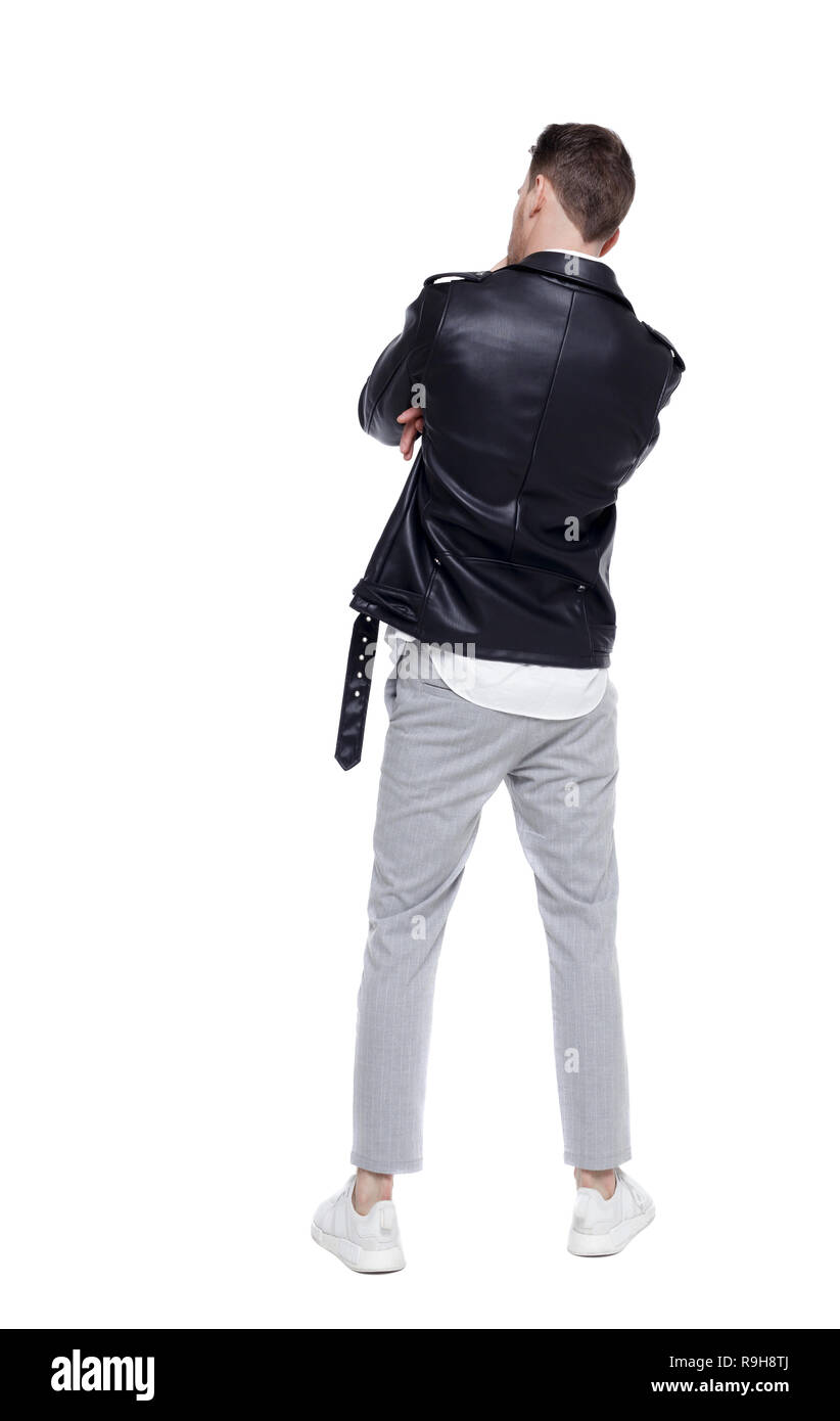 Back view of a stylish man iin a leather jacket. Rear view people ...