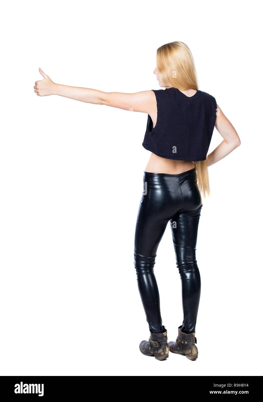 Back view of woman thumbs up. Rear view people collection. backside ...