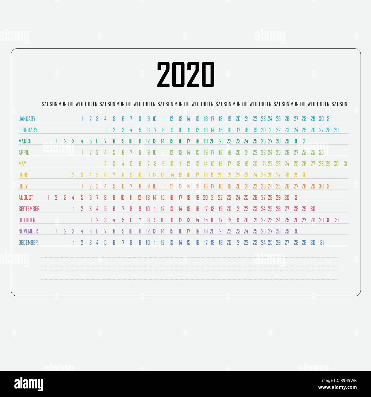 2020 Calendar Template.Calendar 2020 Set of 12 Months.Yearly calendar ...
