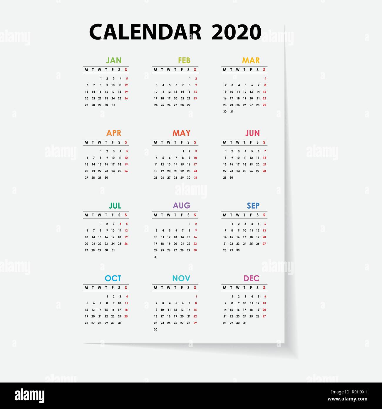 2020 Calendar Template.Calendar 2020 Set of 12 Months.Yearly calendar ...