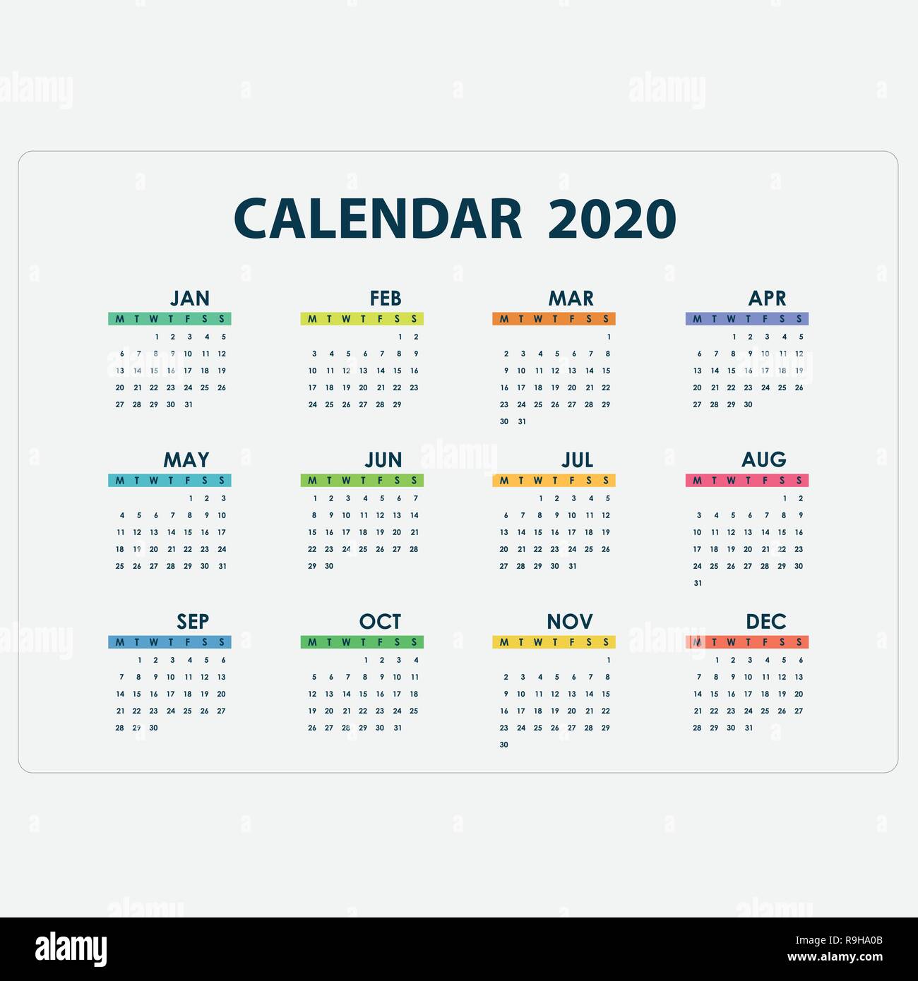 2020 Calendar Template.Calendar 2020 Set of 12 Months.Yearly calendar ...