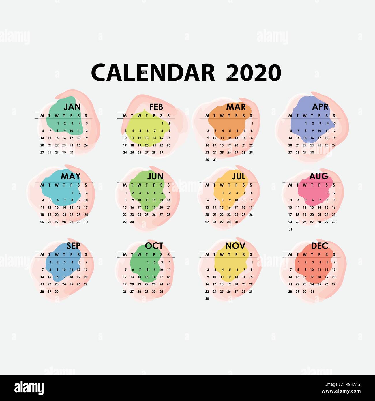 2020 Calendar Template.Calendar 2020 Set of 12 Months.Yearly calendar ...