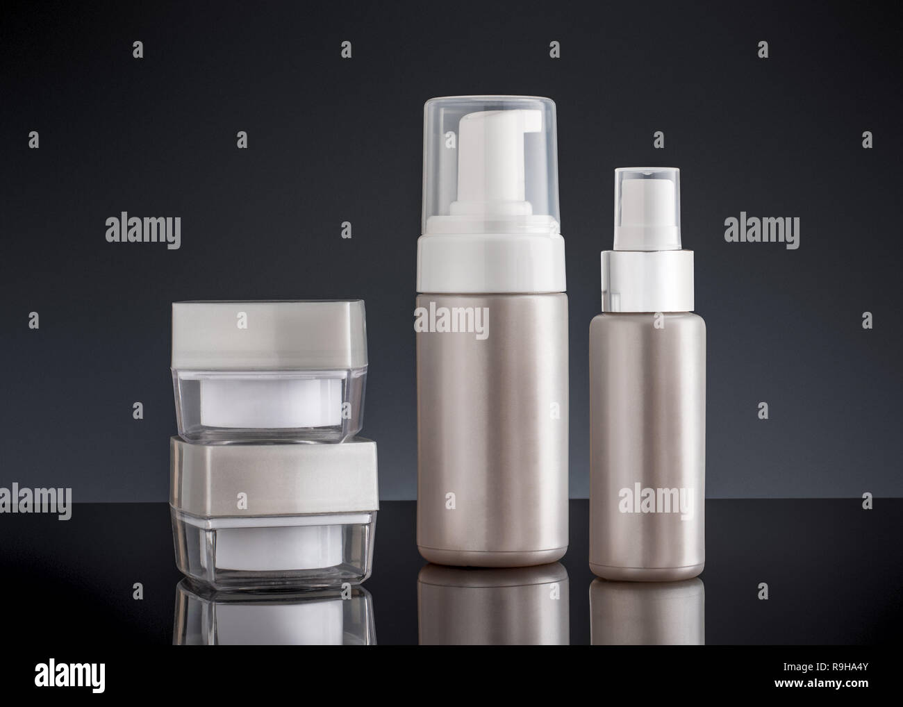 Bathroom and beauty packaging set without label and dark background ...