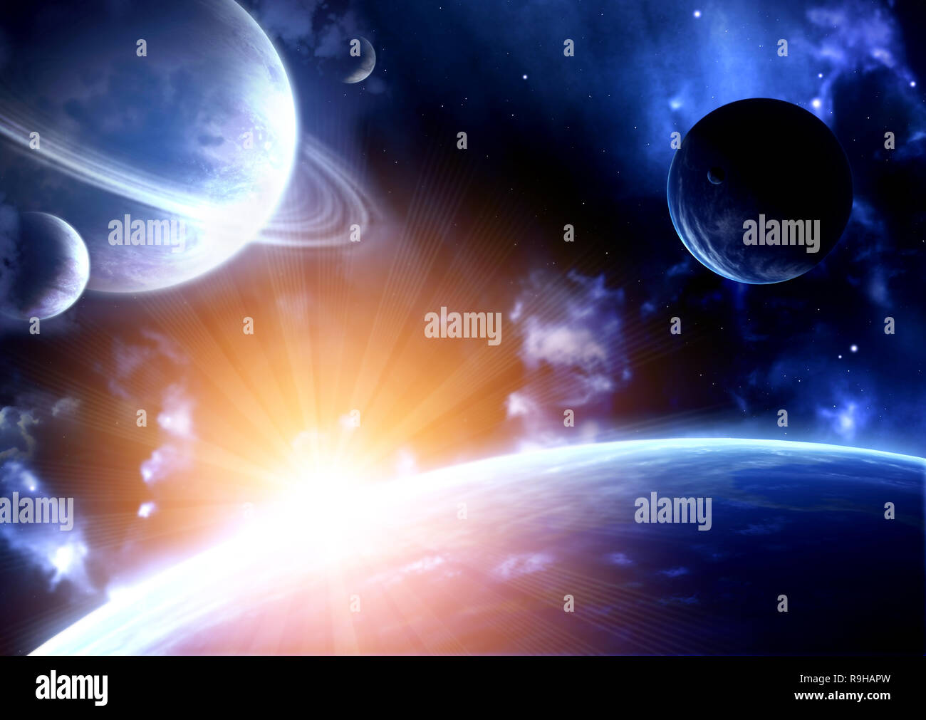 Space flare. A beautiful space scene with planets and nebula Stock ...