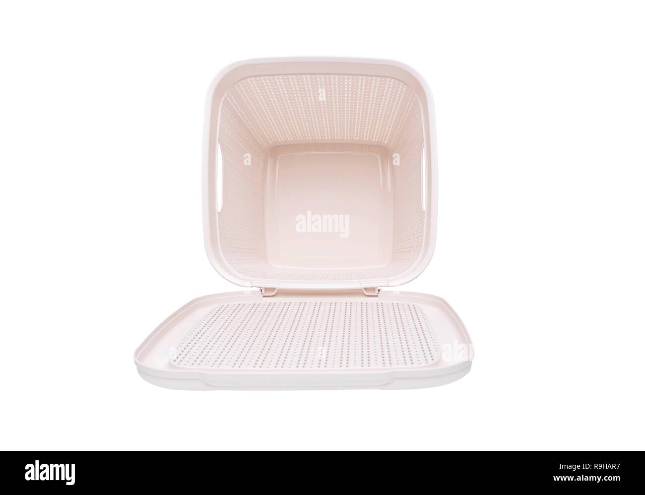 Empty plastic laundry basket with the lid open. Isolated on white ...