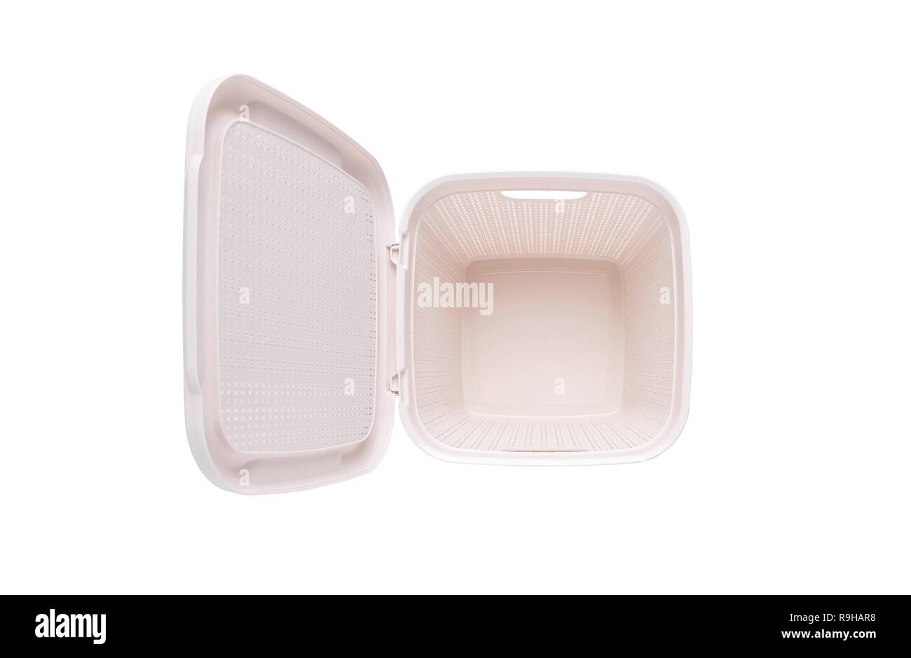 Empty plastic laundry basket with the lid open. Isolated on white ...