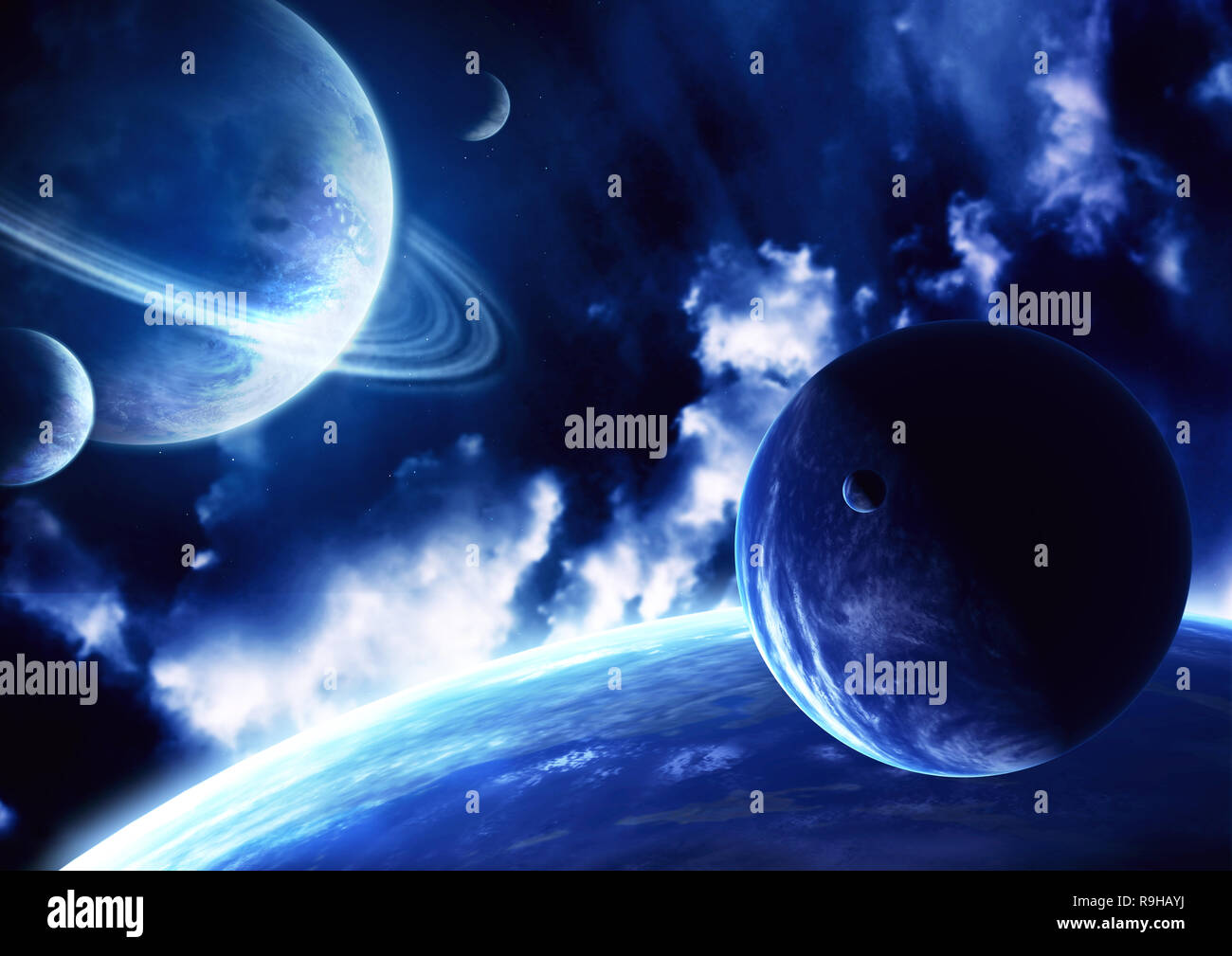 A beautiful space scene with planets and nebula Stock Photo - Alamy