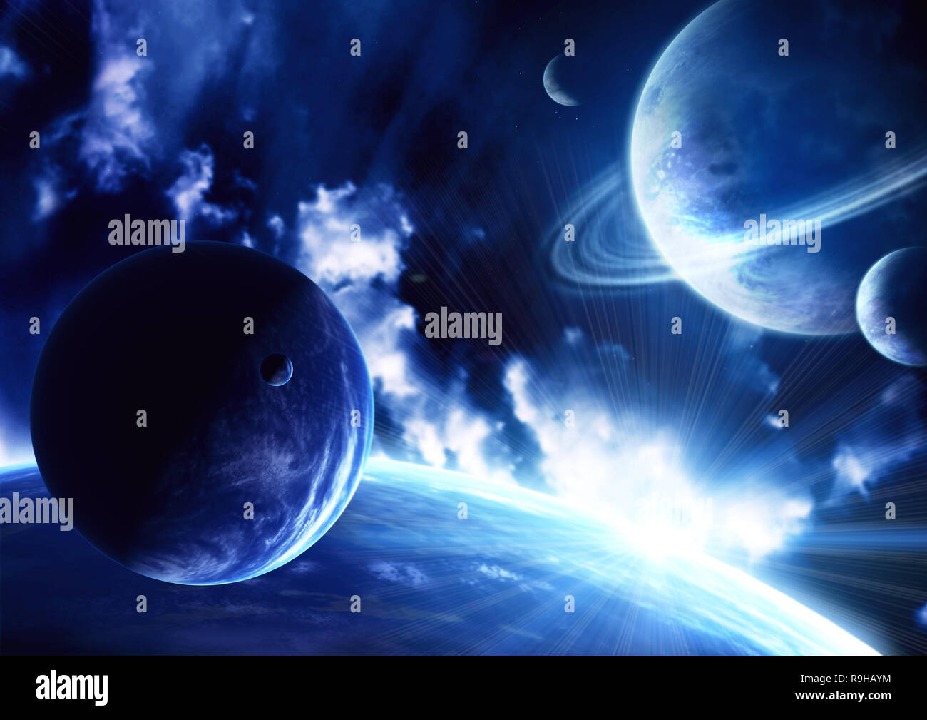 Space flare. A beautiful space scene with planets and nebula Stock ...