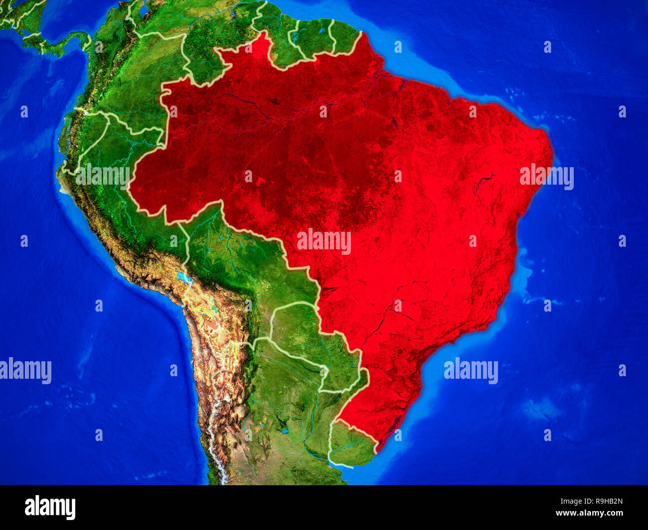 Brazil from space on model of planet Earth with country borders and ...