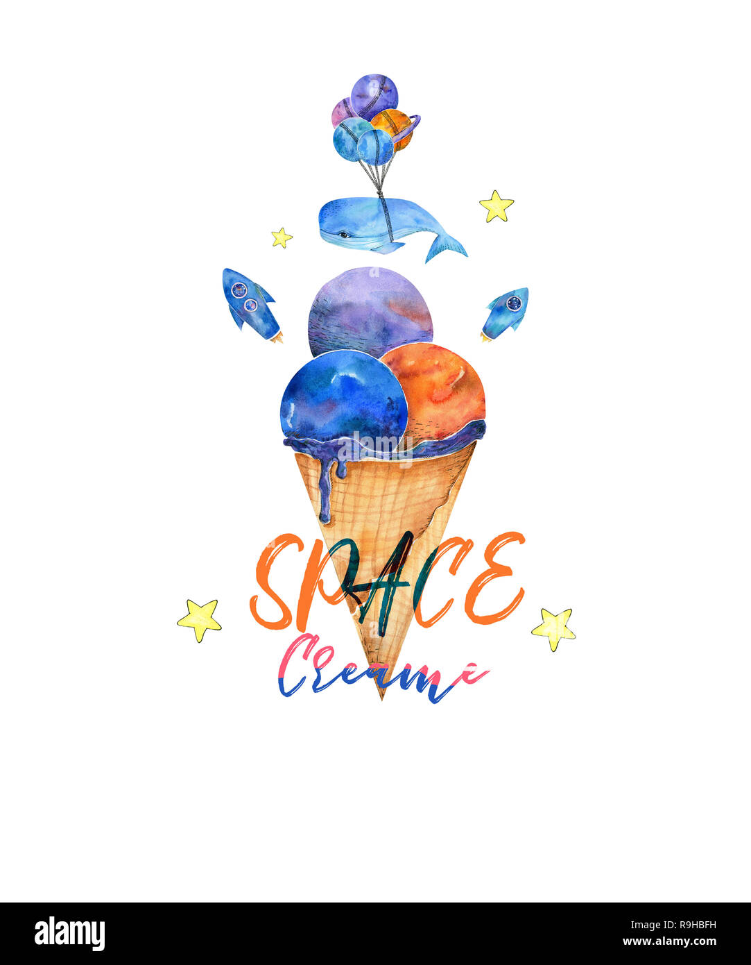 Watercolot space cream and flying whale on baloon and rockets, cute ...