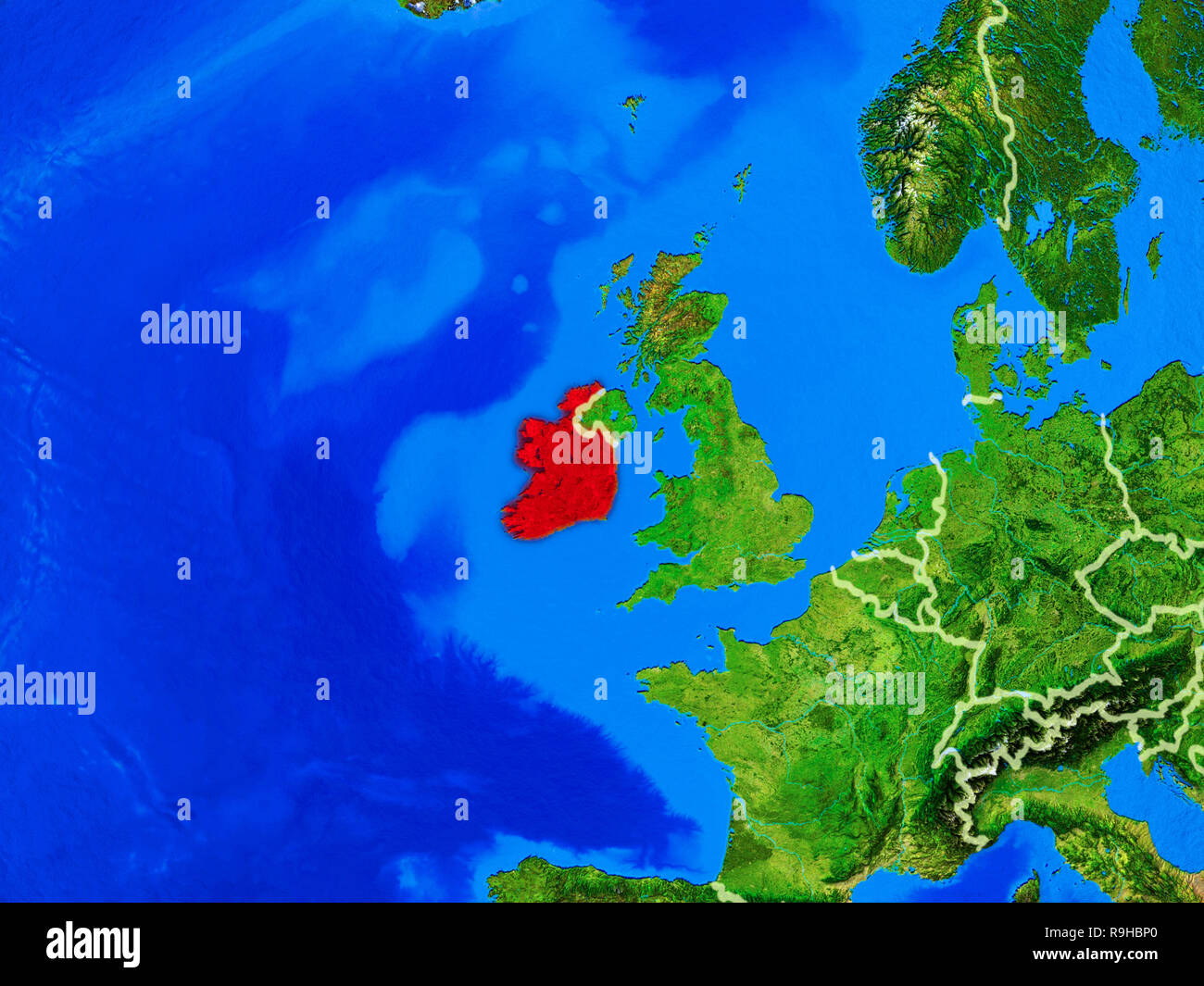 Ireland from space on model of planet Earth with country borders and ...