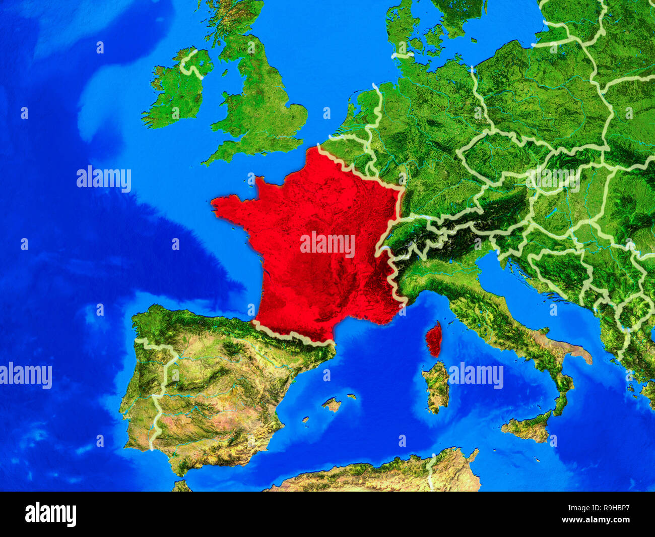 France from space on model of planet Earth with country borders and ...