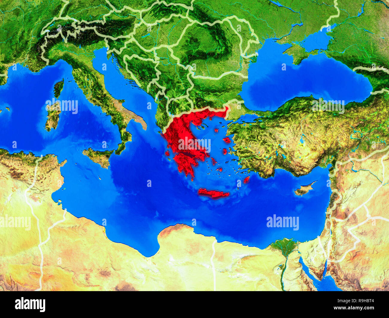 Greece from space on model of planet Earth with country borders and ...