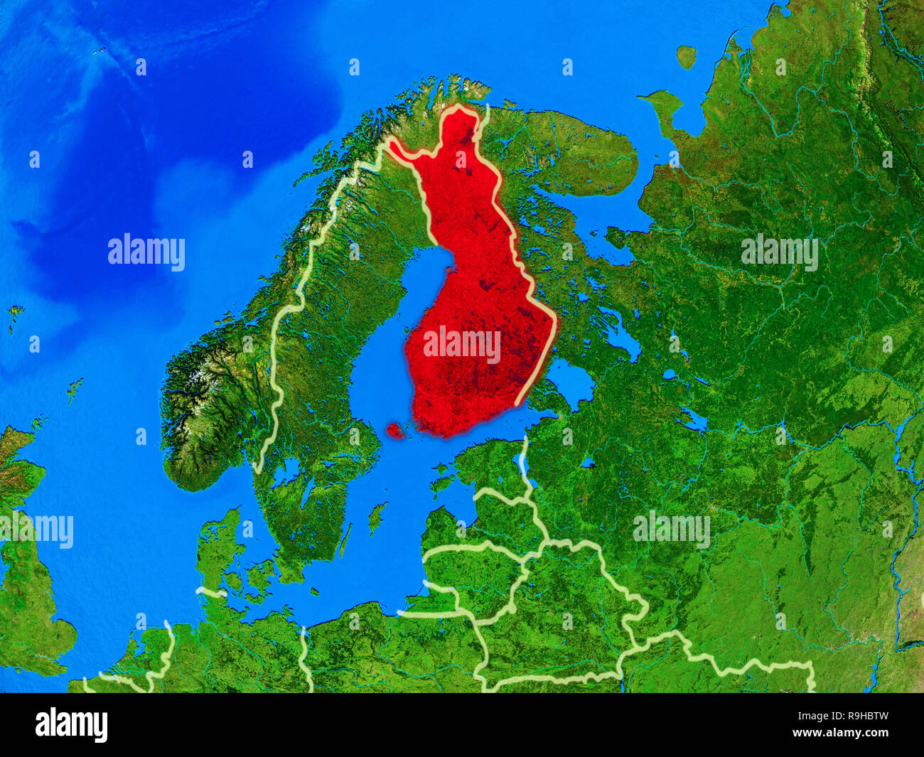 Finland from space on model of planet Earth with country borders and ...