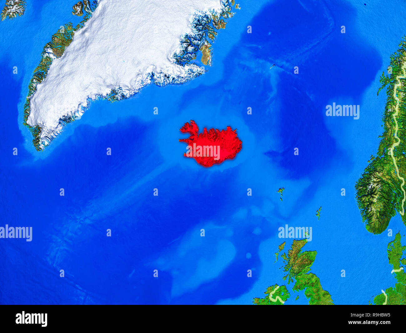 Iceland from space on model of planet Earth with country borders and ...