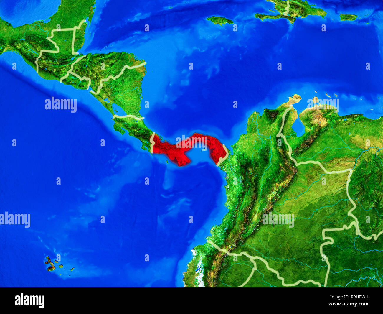 Panama from space on model of planet Earth with country borders and ...