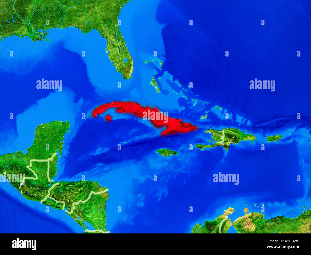 Cuba from space on model of planet Earth with country borders and very ...