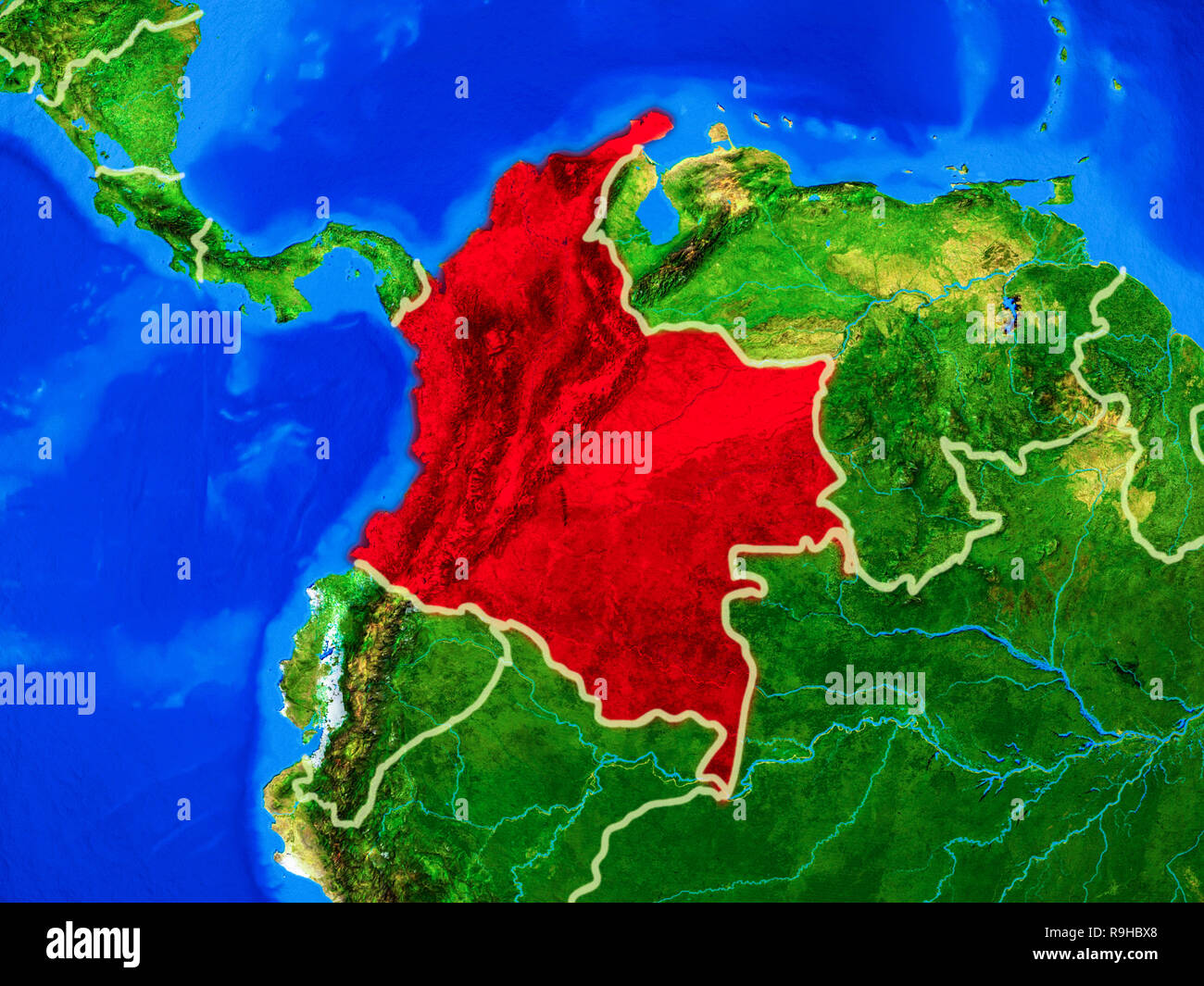 Colombia from space on model of planet Earth with country borders and ...
