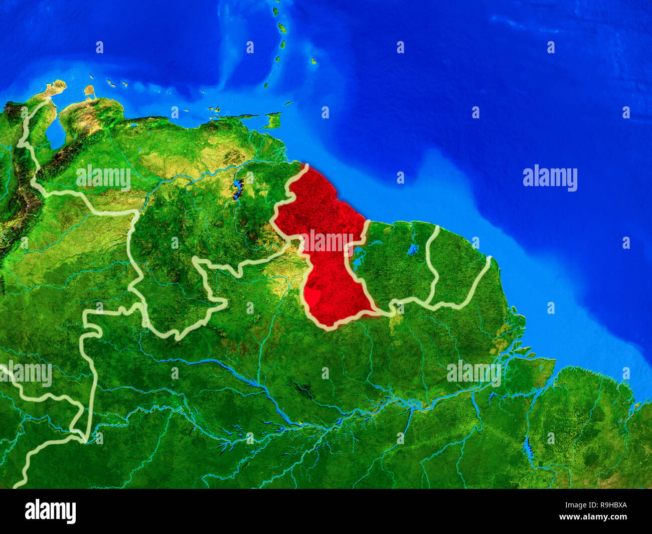 Guyana from space on model of planet Earth with country borders and ...