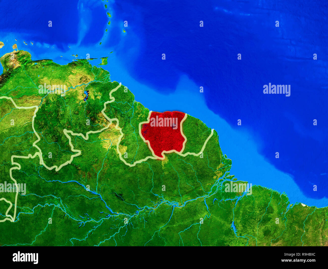 Suriname from space on model of planet Earth with country borders and ...