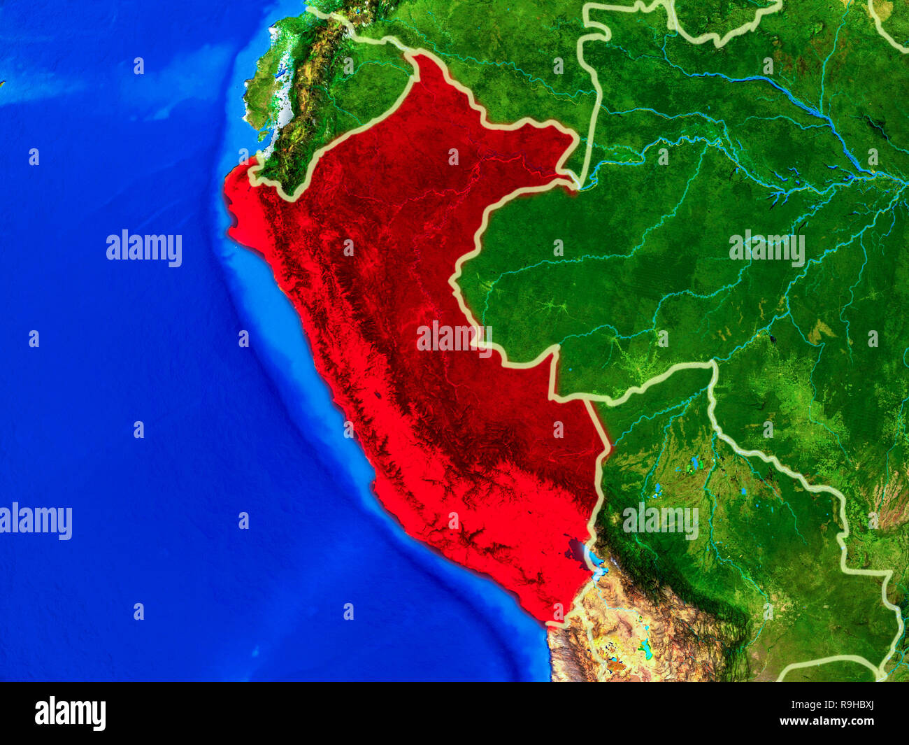 Peru from space on model of planet Earth with country borders and very ...