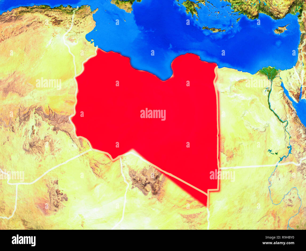 Libya from space on model of planet Earth with country borders and very ...