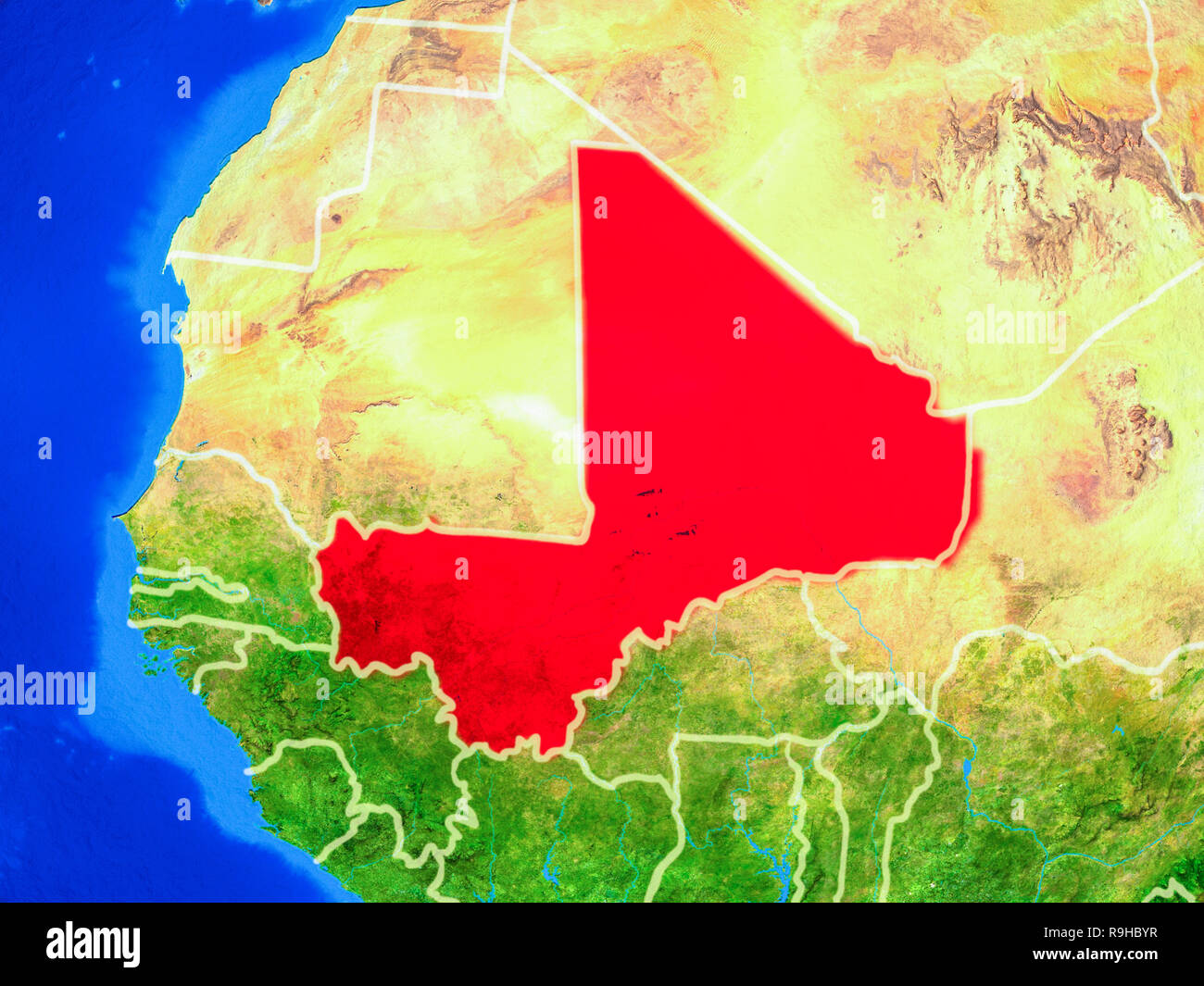 Mali from space on model of planet Earth with country borders and very ...