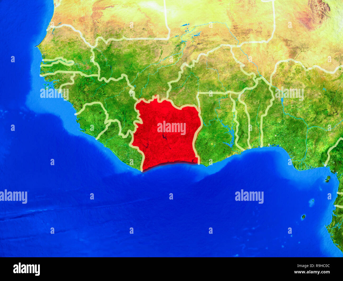 Ivory Coast from space on model of planet Earth with country borders ...
