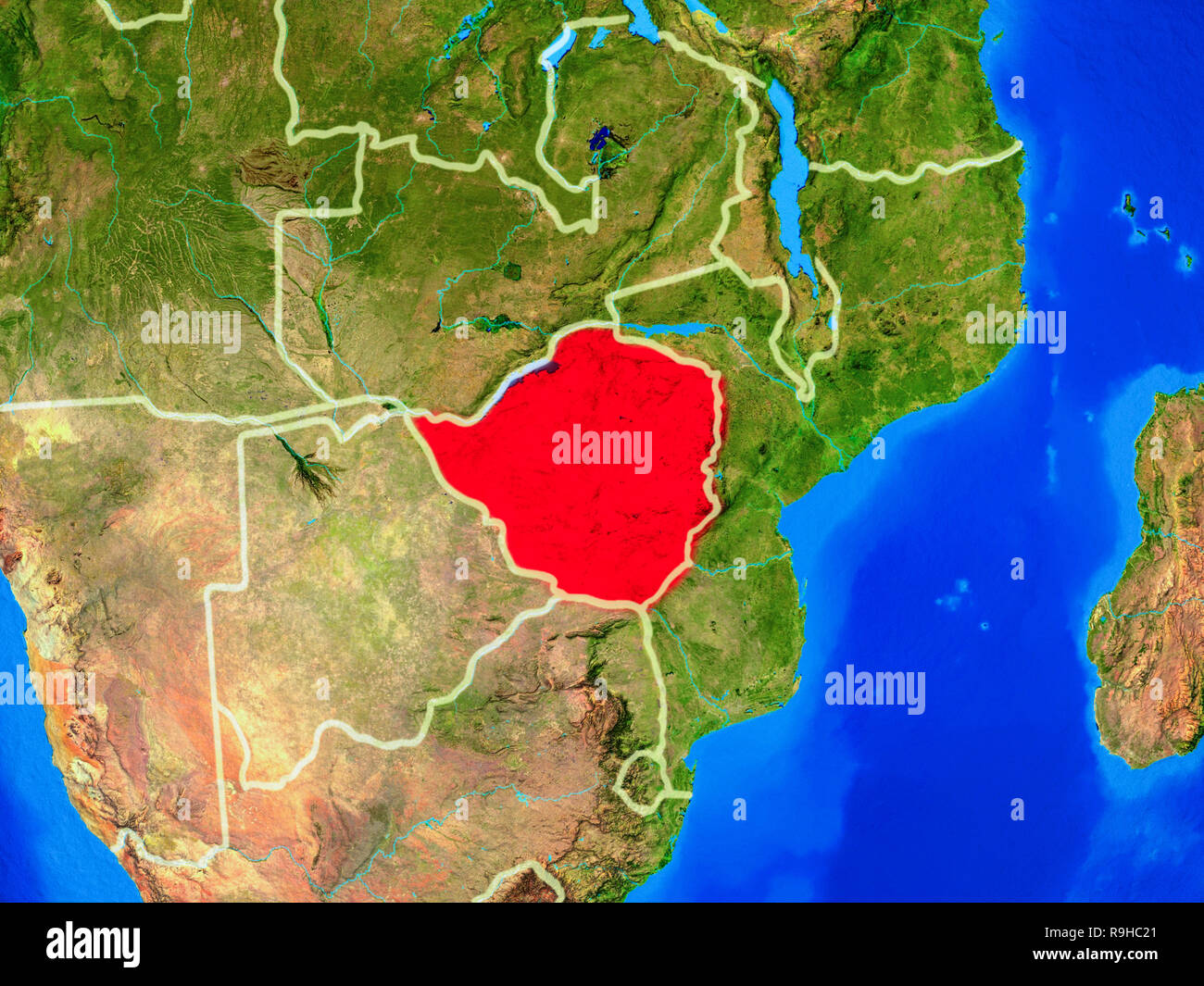 Zimbabwe from space on model of planet Earth with country borders and ...