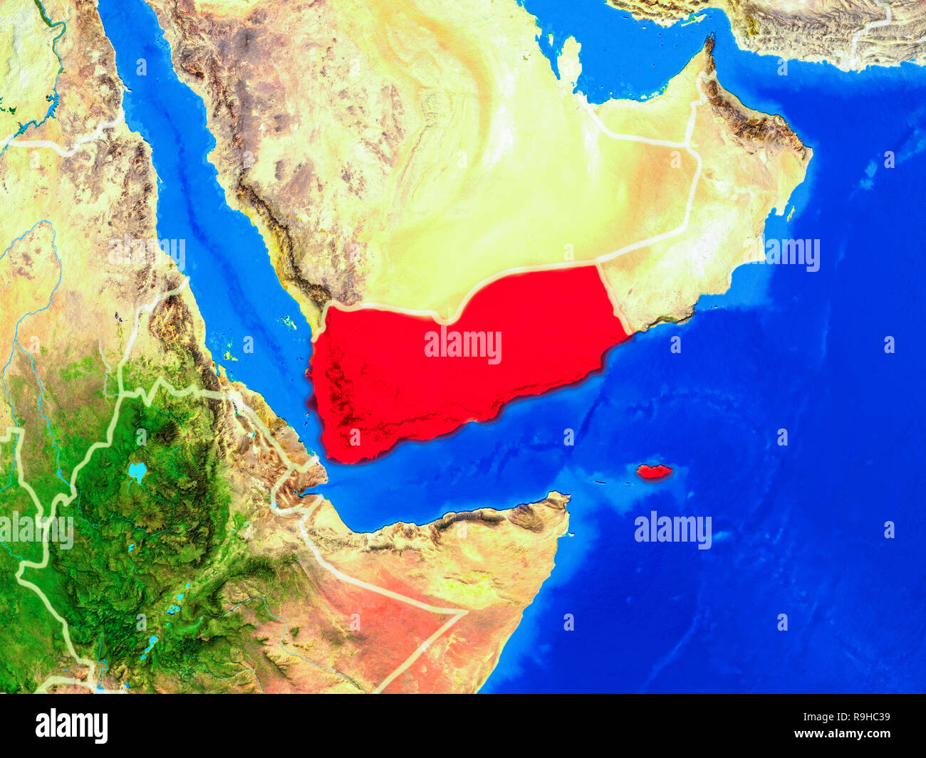Yemen from space on model of planet Earth with country borders and very ...