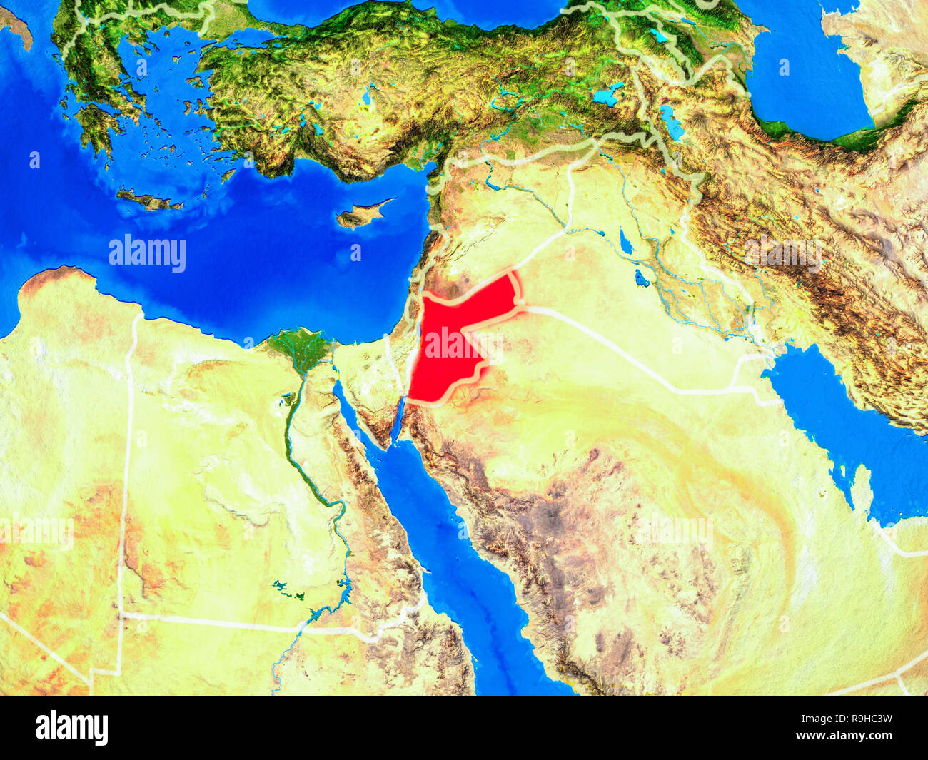 Jordan from space on model of planet Earth with country borders and ...