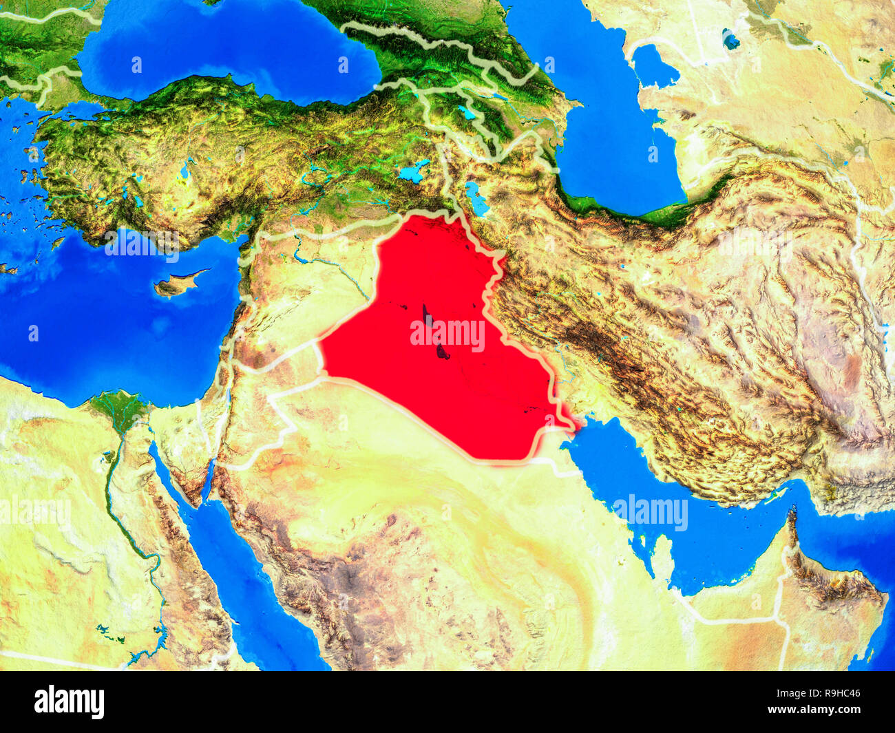 Iraq from space on model of planet Earth with country borders and very ...