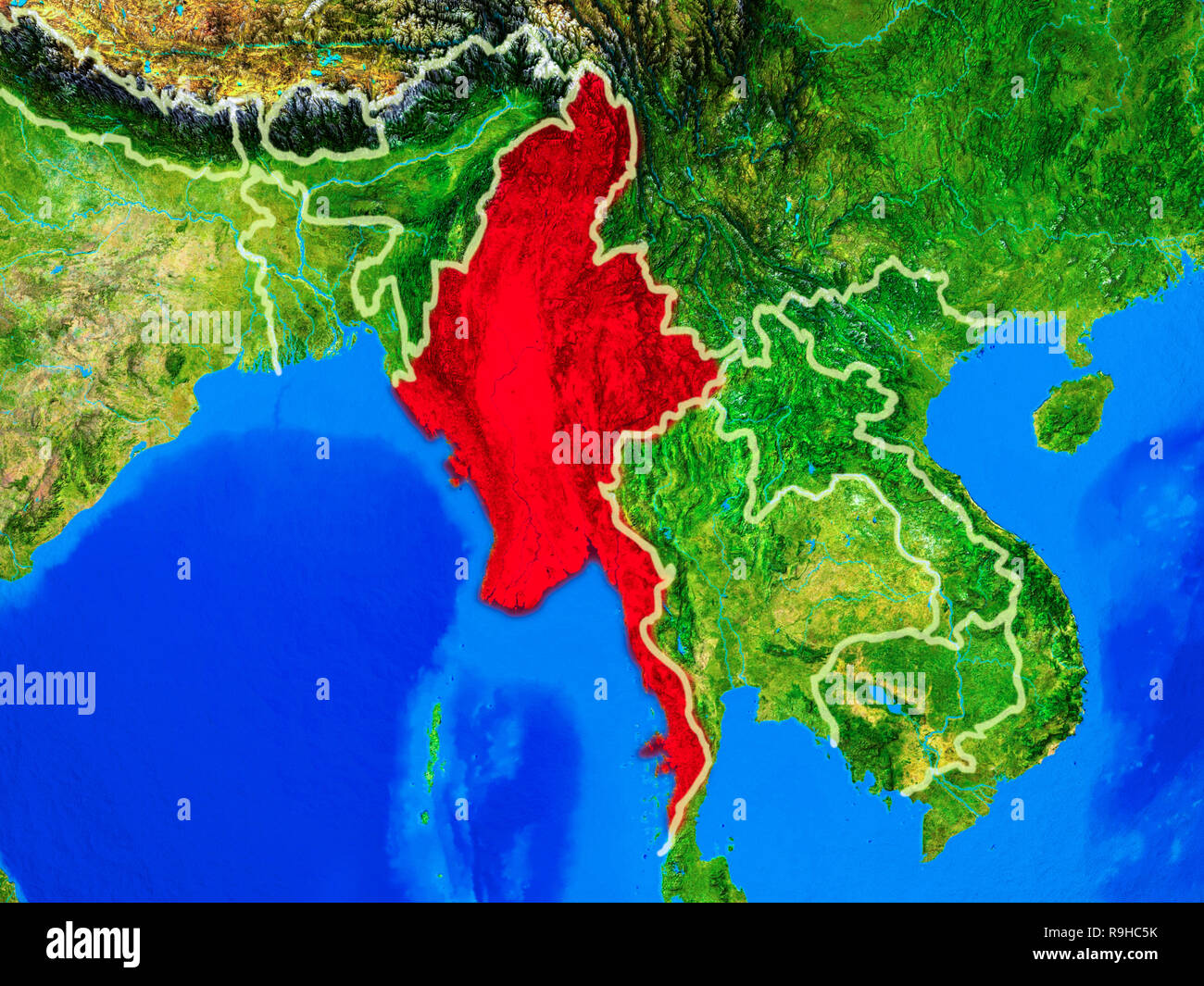 Myanmar from space on model of planet Earth with country borders and ...