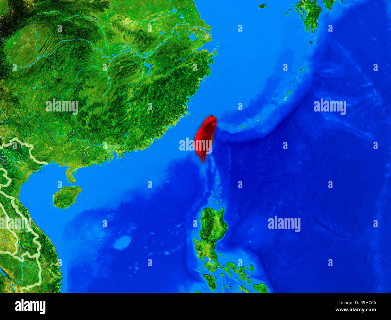 Taiwan from space on model of planet Earth with country borders and ...