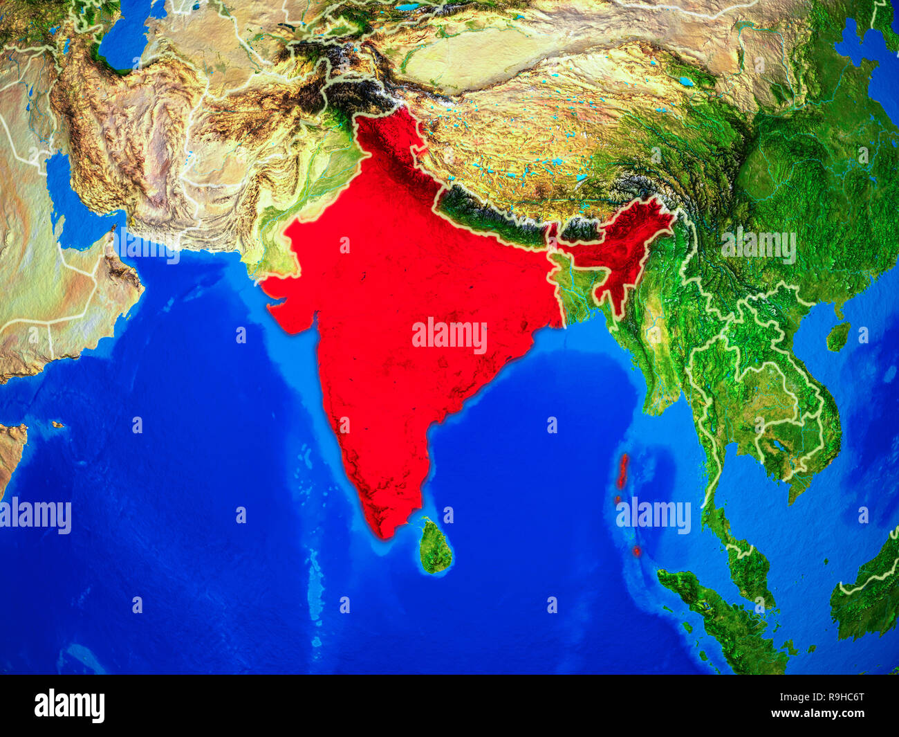 India from space on model of planet Earth with country borders and very ...