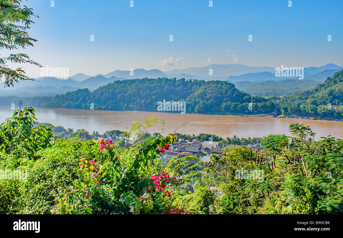 A view across the Mekong River from high on Phou Si Hill in Laos Stock ...