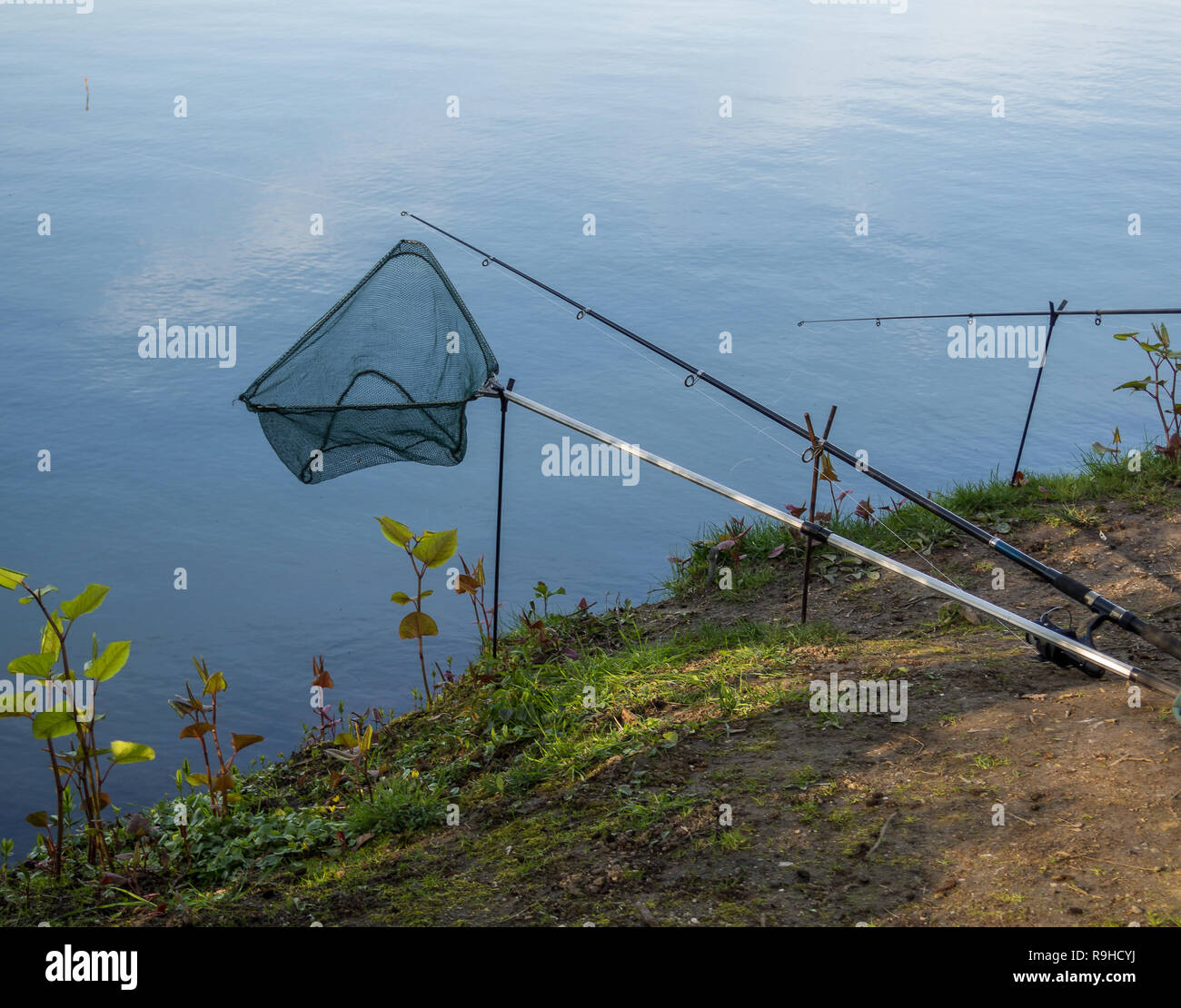 Landing net and fishing rod Stock Photo - Alamy
