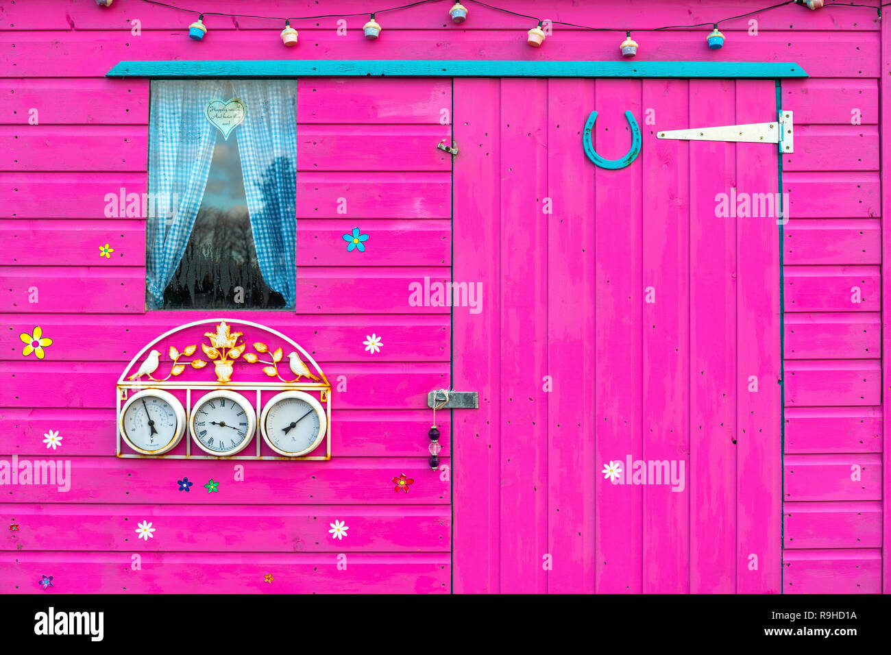 Dooor and window with a curtain at pink coloured garden shed ...