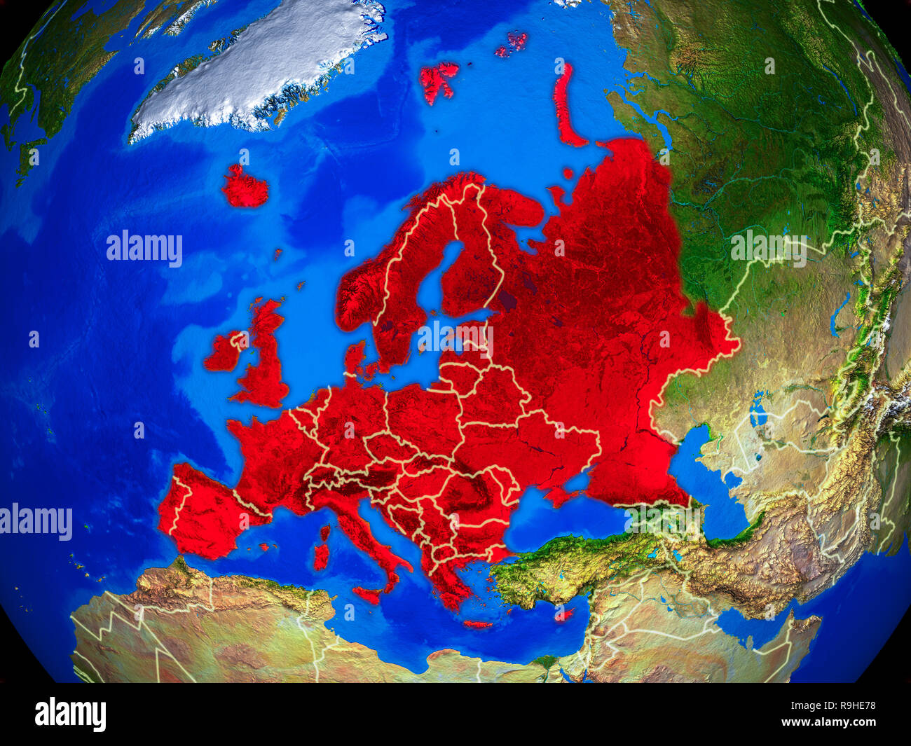 Europe from space on model of planet Earth with country borders and ...