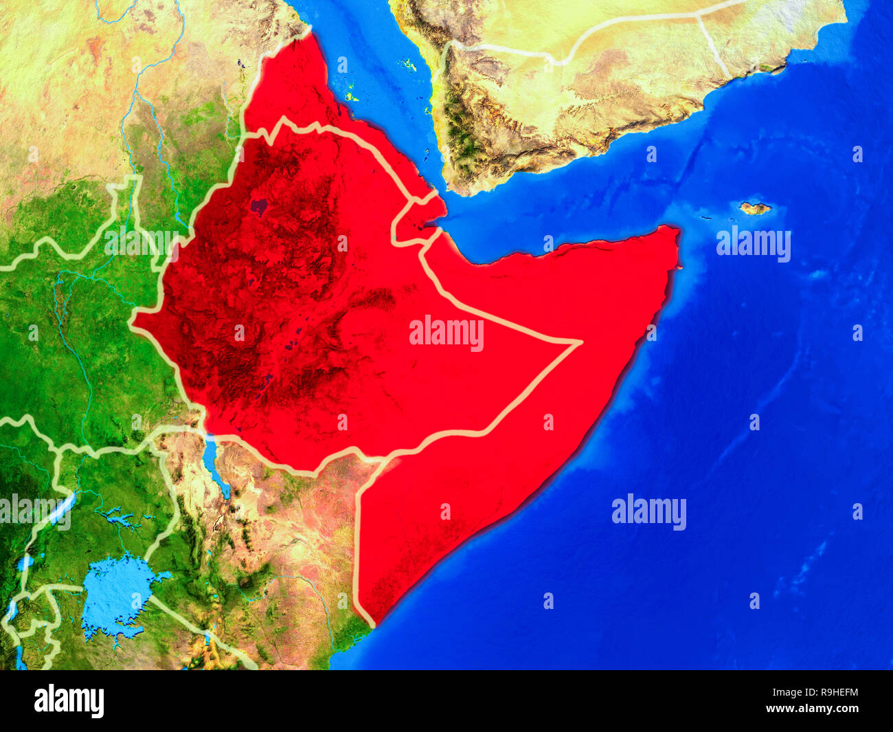 Horn of Africa from space on model of planet Earth with country borders ...