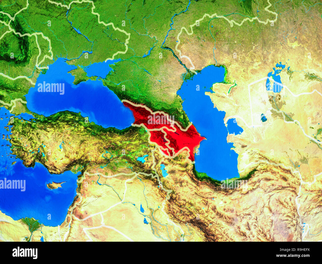 Caucasus region from space on model of planet Earth with country ...