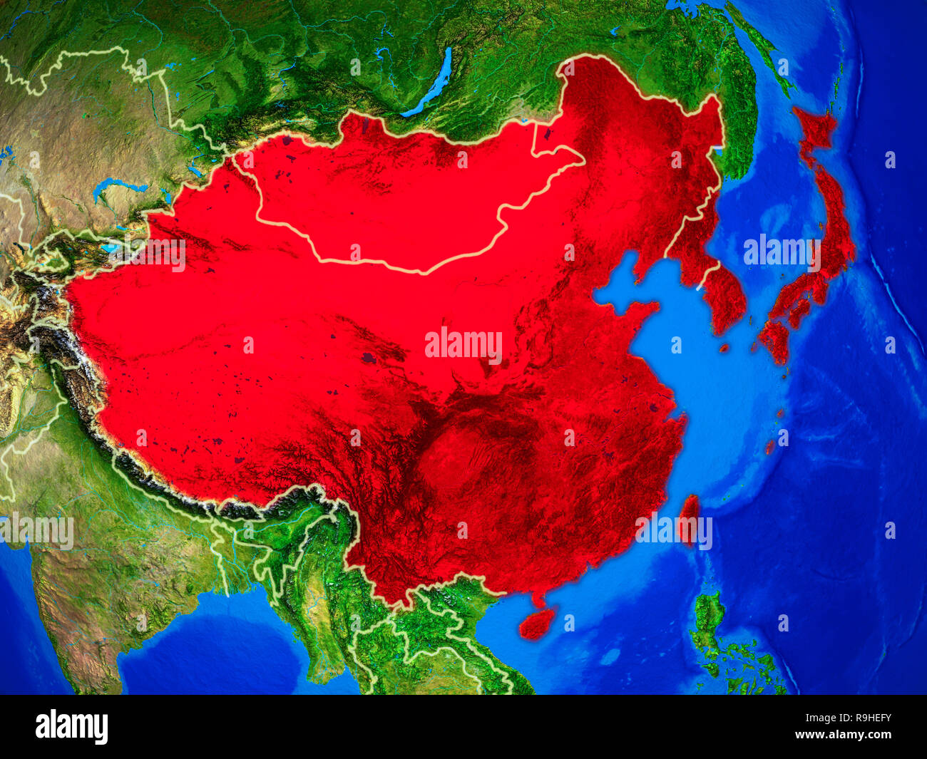 East Asia from space on model of planet Earth with country borders and ...