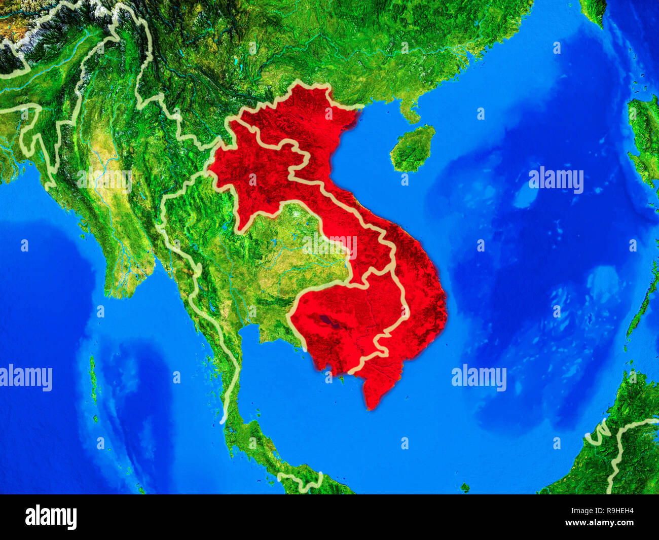 Indochina from space on model of planet Earth with country borders and ...