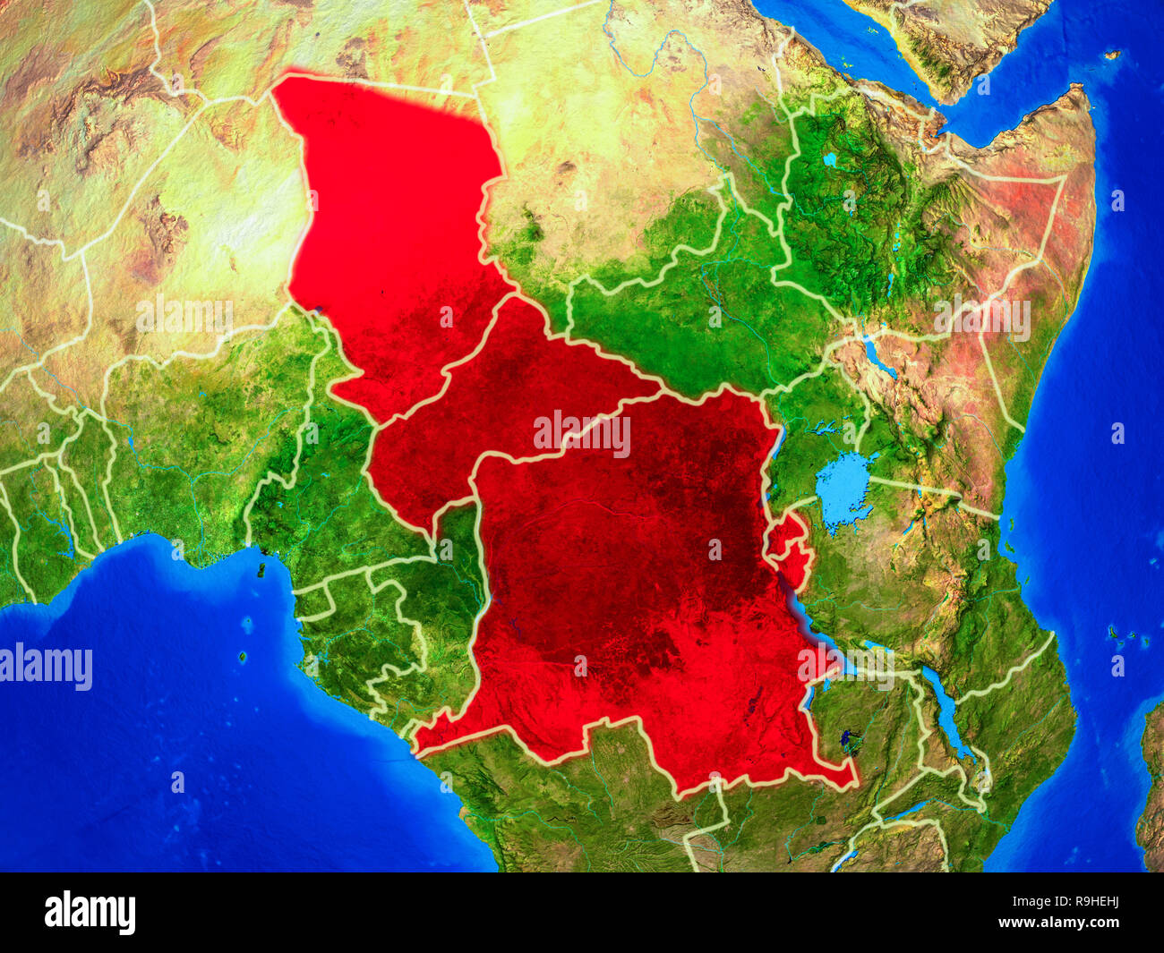 Central Africa from space on model of planet Earth with country borders ...