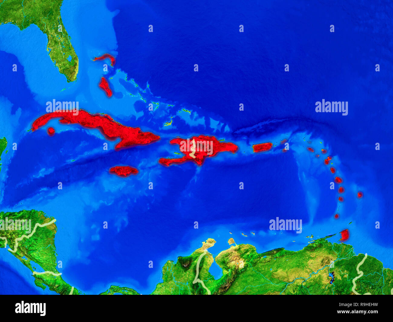 Caribbean from space on model of planet Earth with country borders and ...
