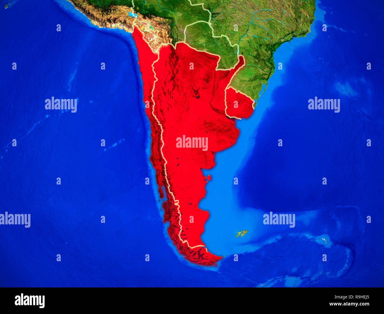 Southern Cone from space on model of planet Earth with country borders ...
