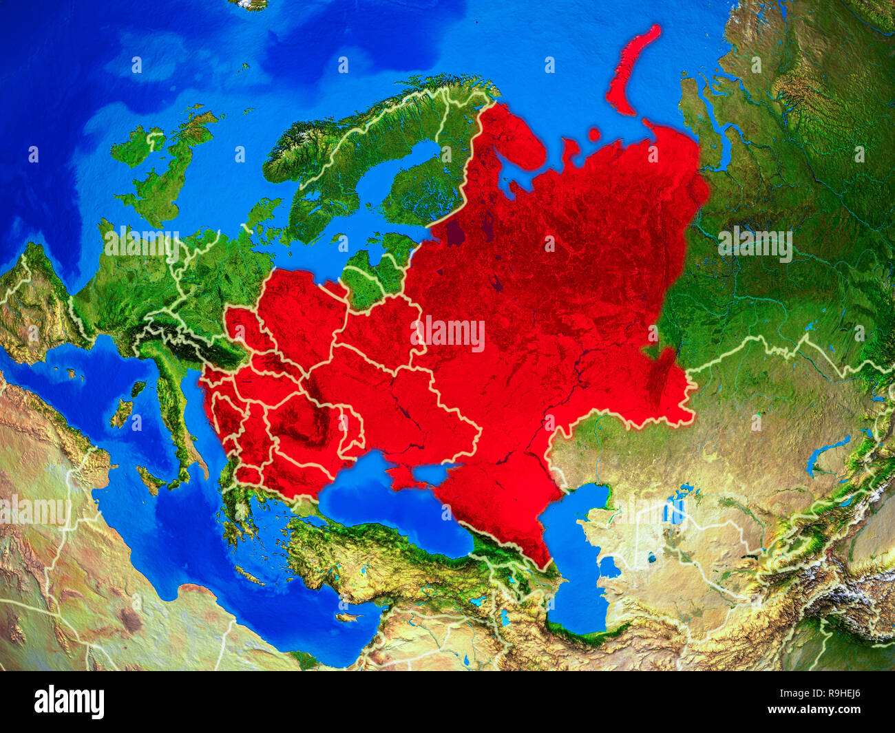 Eastern Europe from space on model of planet Earth with country borders ...